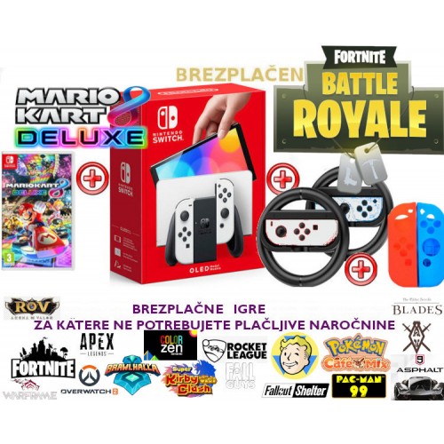 Nintendo Switch OLED 7" 64GB bela in MarioKart 8 Deluxe + volan 2X ...